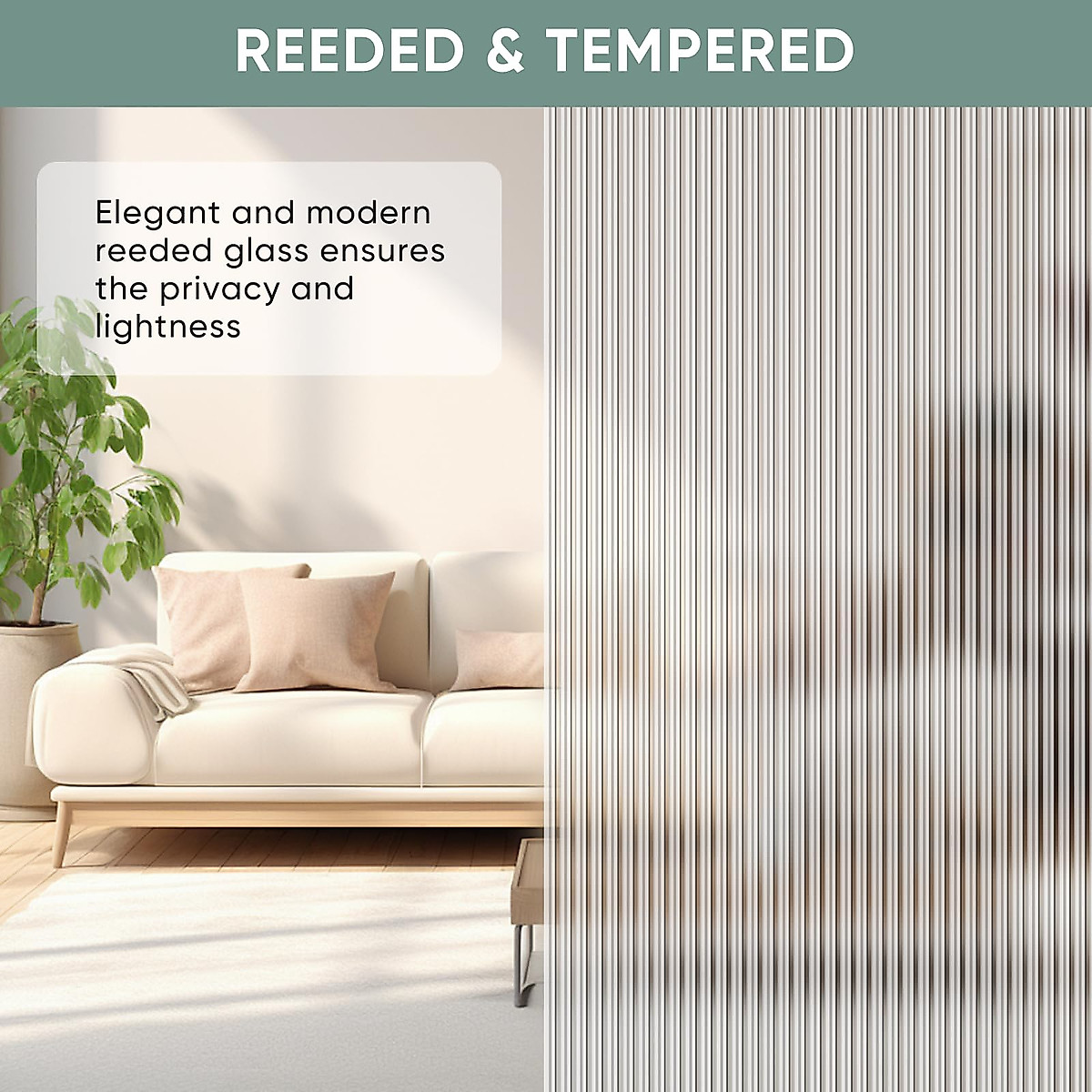 JUBEST Glass Barn Door 42in x 84in, Reeded Glass Carbon Steel Pre-Drilled Frame Sliding Barn Door Panel with 7FT Hardware Kit and Soft Close