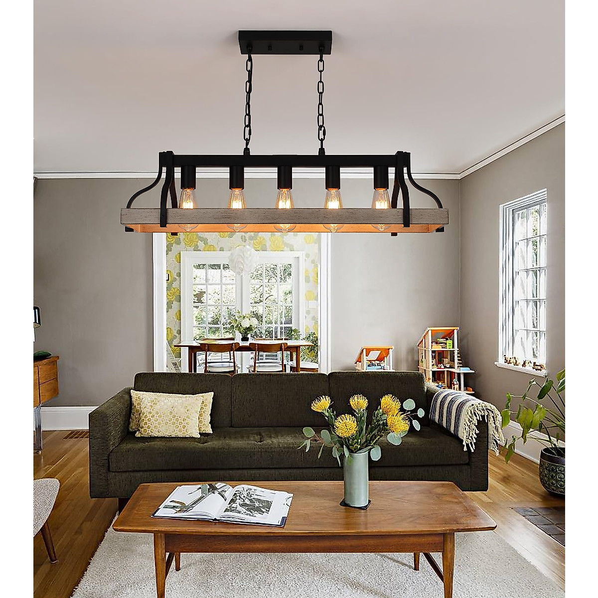 MEIXISUE Chandeliers for Dining Room Kitchen Island Lighting Fixtures Farmhouse Industrial 5-Lights Linear White Birch and Black Metal Finish Chandelier for Living Room UL Listed