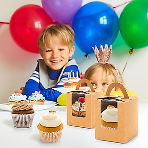 Jucoan 100 Pack Cupcake Box, Brown Kraft Paper Individual Cupcake Box Holder Container with Window and Handles, Bulk Bakery Pastry Wrapping Box for Muffin, Cupcake, Wedding Party, Baby Shower