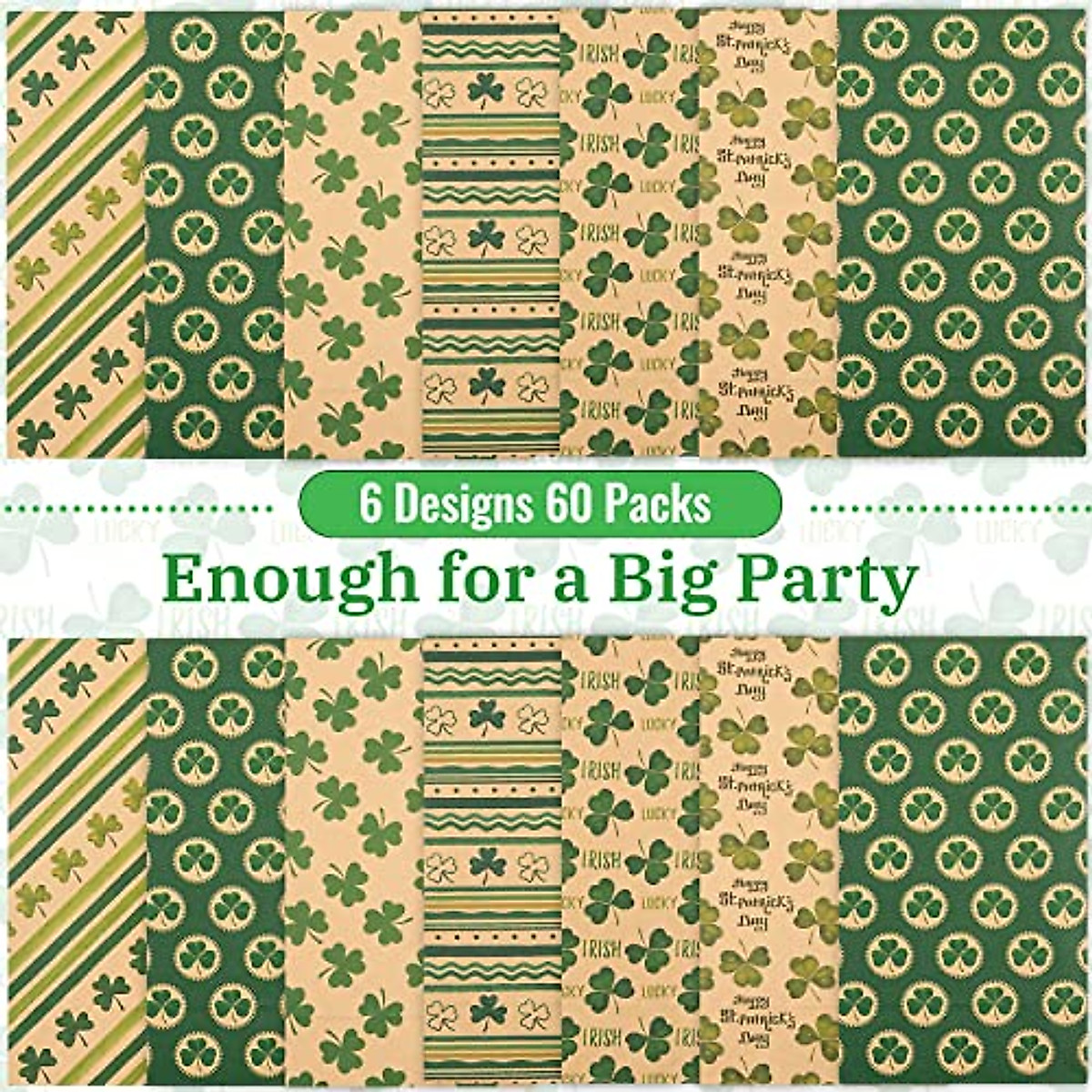 Whaline 60 Pack St. Patrick's Day Paper Gift Bags Kraft Shamrock Candy Treat Bags 6 Design Rustic Irish Flat Party Favor Bag Goodie Present Bag for Party Snack Cookie Craft Gift Wrapping Supplies