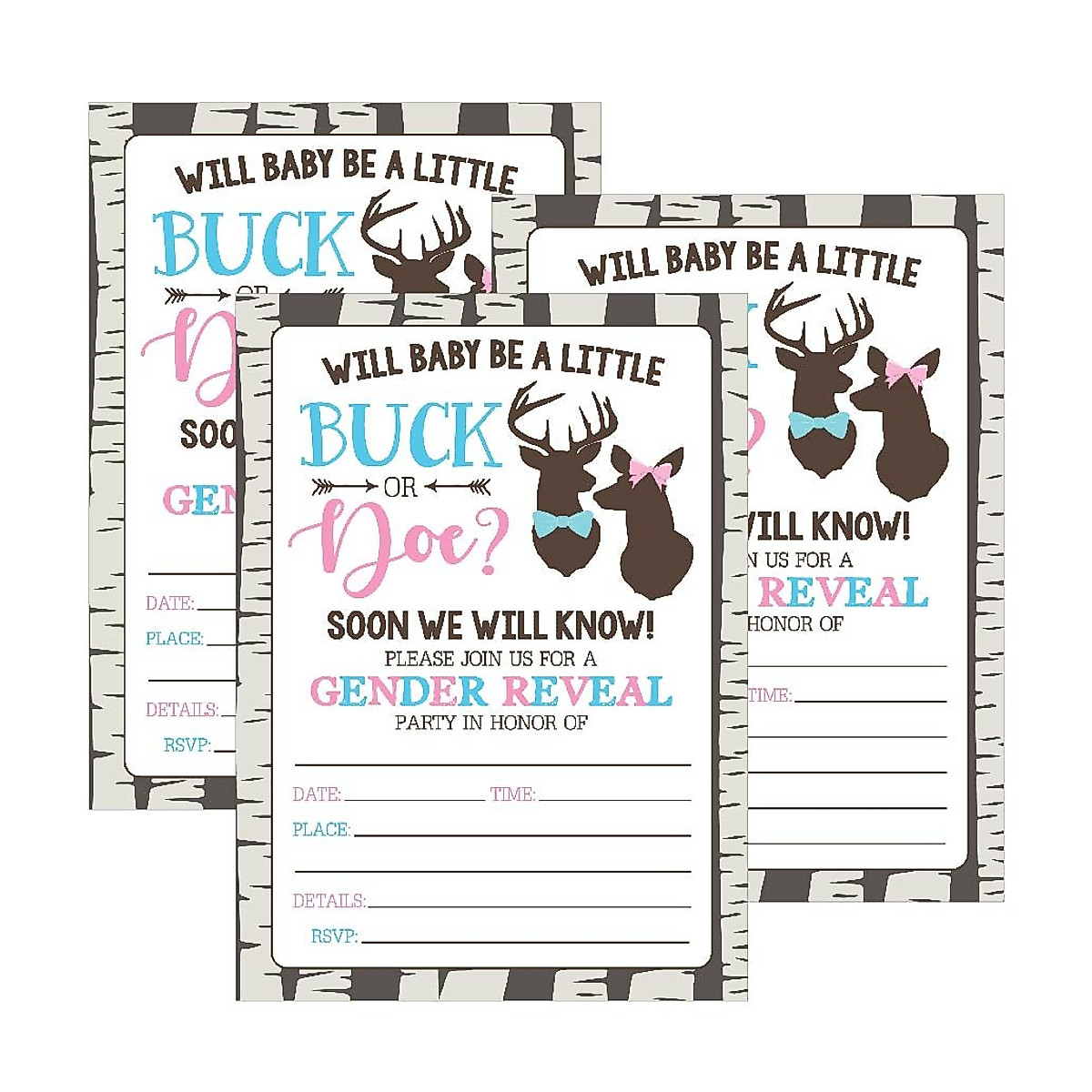 Hadley Designs 25 Buck or Doe Deer Gender Reveal Baby Shower Party Invitation Cards Pink Blue He She Personalized for Unisex Invite Guess If It's a Boy or Girl Fill In The Blank Printable Invite Pack