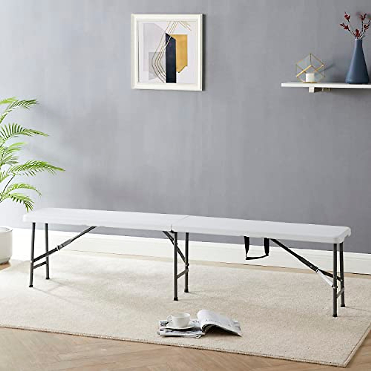 Naomi Home Resin Folding Soccer Bench, Foldable Garden Bench, Weatherproof White Bench, 6 Seat Narrow Folding Table, Outdoor Picnic Benches, 1.4 Feet Fold-Up Bench White