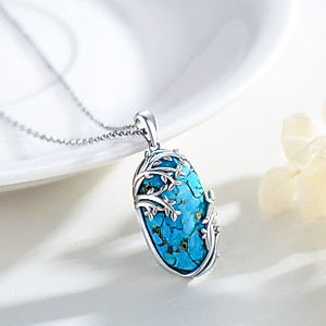 AOVEAO Oval Turquoise Life Of tree Necklace for Women S925 Sterling Silver Family Tree Necklace Lucky Turquoise Jewelry