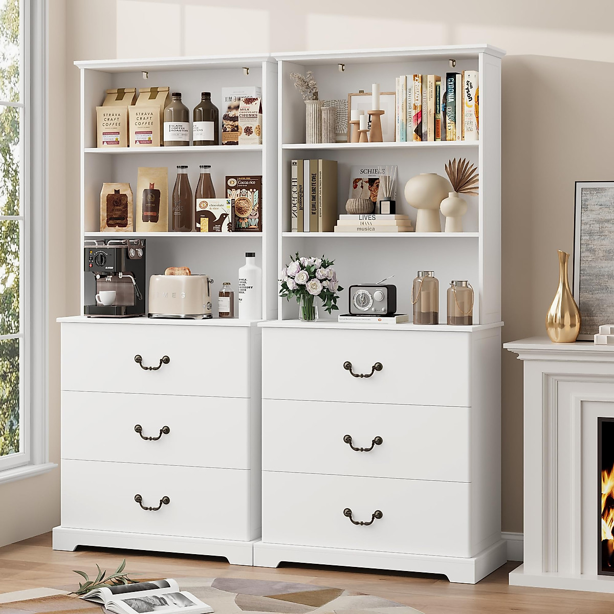 HIFIT 71" Tall Storage Cabinet, Tall Bookshelves and Bookcases with 3 Large Drawers & 3 Deep Shelves, Kitchen Pantry Cabinet with Hutch, Modern Storage Cabinet for Home Office, Living Room, White