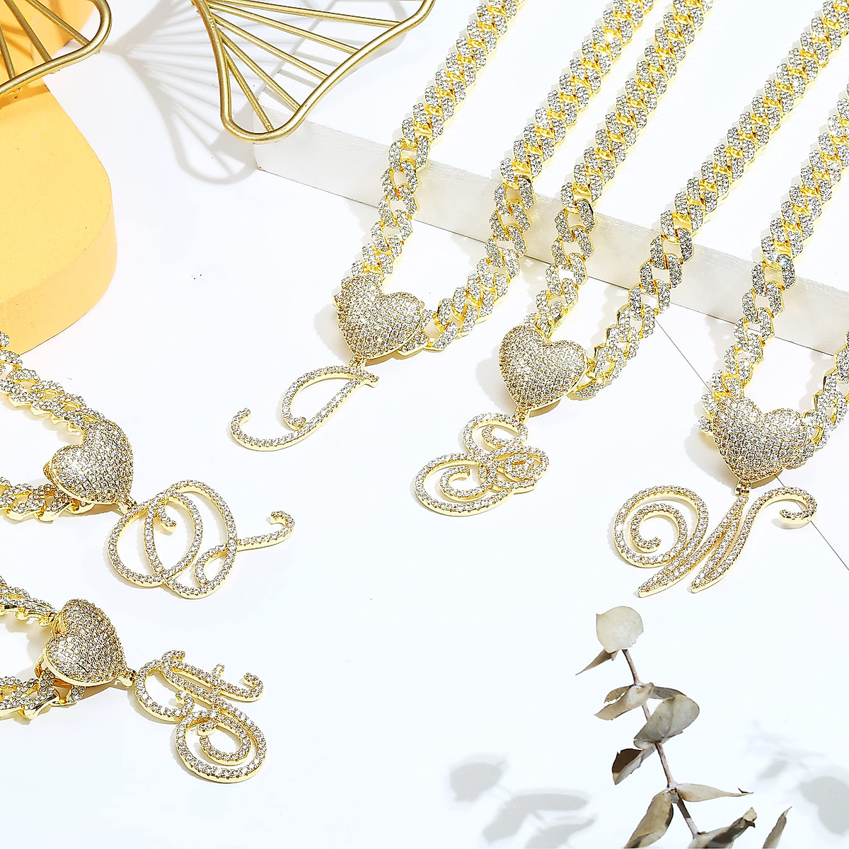 Krfy Cursive Gold Initial Pendant Necklace Iced Out Miami Cuban Link Chain for Women 18K Gold Plated Alphabet Letter Pendant Choker Hip Hop Chain Trendy Rapper Jewelry