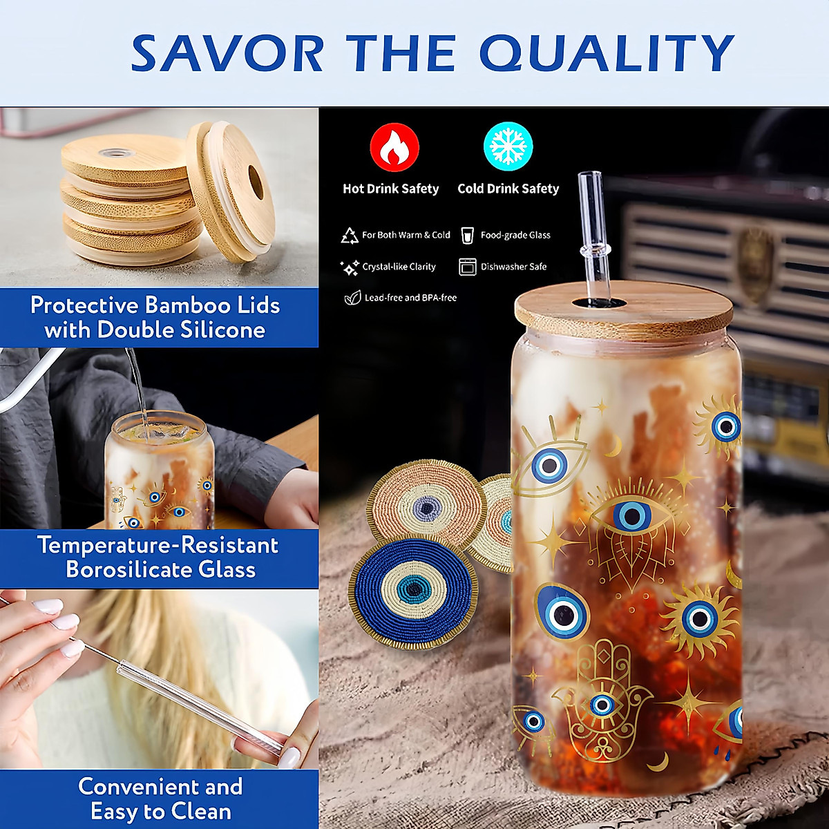 vradcorel Evil Eye Glass Cups With Bamboo Lids And Straws - Iced Coffee Cup Home Decor -Ojo Turco Drinking Glasses for Beer -Cute Can Shaped for Latte,Soda,Smoothie Whiskey -Gift for Women