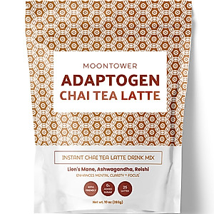 Mushroom Chai Tea Latte Mix by Moontower – Superfood Adaptogenic Mushroom Drink Powder with Ashwagandha, Lions Mane, Reishi, Organic Spices, & Black Tea, Coffee Alternative, Keto, Dairy Free, 10 oz