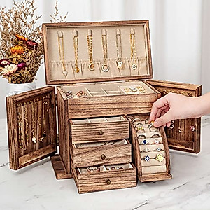 Poyilooo Jewelry Box Organizer, Solid Wood Jewelry Boxes for Women for Storage & Display Necklace Ring Earring Bracelet, Rustic Style Jewelry Organizer Box for Women Gifts (Carbonized Brown)