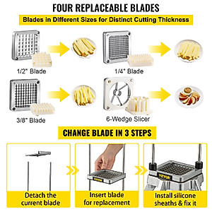 VEVOR Commercial Vegetable Fruit Chopper, Stainless Steel French Fry Cutter w/ 4 Blades 1/4" 3/8" 1/2", Vegetable Chopper Dicer w/Stainless Bowl, Heavy Duty Cutter for Potato Tomato Onion Mushroom