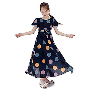 PUSEGA Blue Polka Dot Dress for Teens Toddler Dress for 8 Years Girls, Short Sleeve Dress, Holiday Dresses (Blue, 130, 8years)