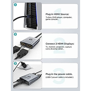 Warrky HDMI Splitter, Duplicate/Mirror, 4K HDMI Splitter 1 in 2 Out [Metal Case, Gold-Plated] with 3.3 Ft Braided HDMI Cable, Powered Splitter, 1 Source to 2 Identical Displays for TV, Projector