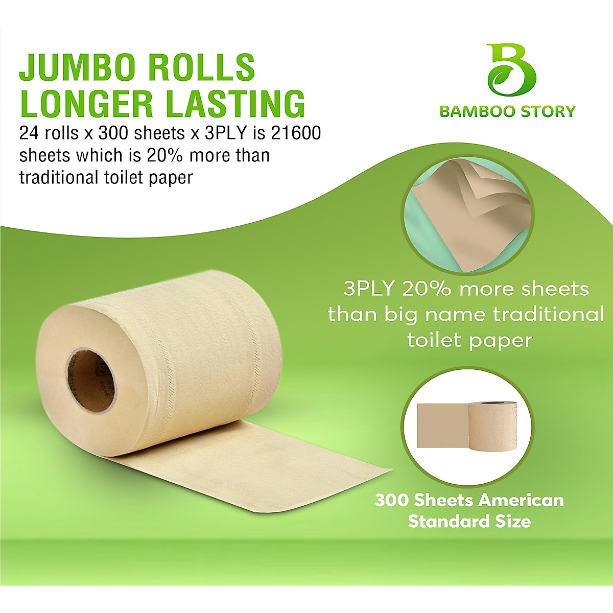 Bamboo Story Premium Bamboo Toilet Paper, PFAS Free, Chemical Free Toilet Paper, Unbleached, (24) 3PLY & 300 Sheets, FSC Certified, Organic Brown, Plant-Based, Tree-Free, Plastic Free, BPA Free (24)