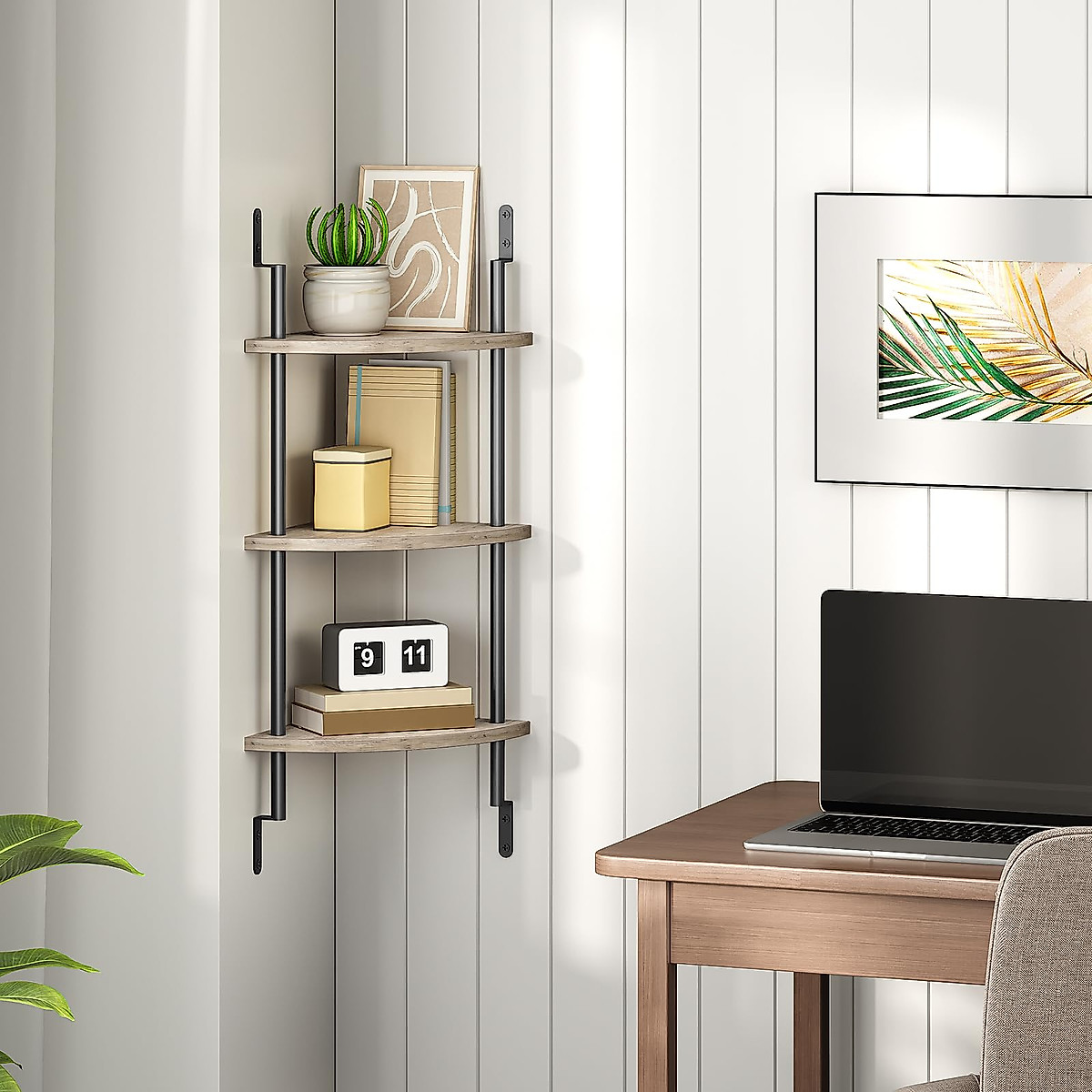 HOOBRO 3-Tier Corner Shelf Wall Mounted, Corner Floating Shelves, Corner Storage Rack, Plant Display Shelf, Corner Bookshelf for Wall in Living Room, Kitchen, Study, Greige and Black BG36BJ01