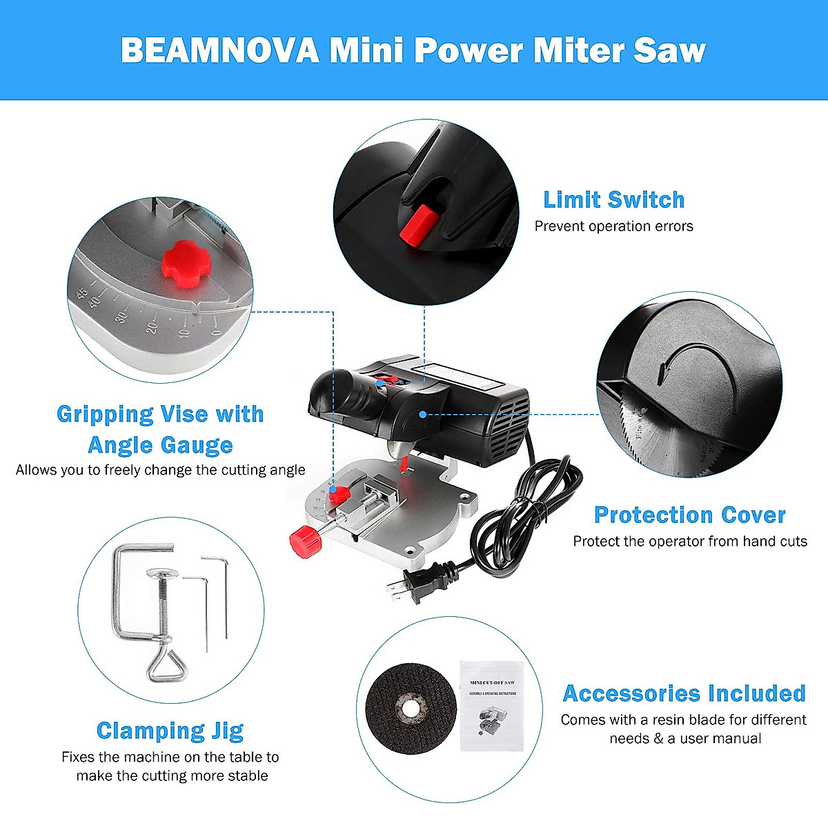 BEAMNOVA Mini Miter Saw Electric Power Table Saw Benchtop Cut-Off Chop Saw Max 45 Degree Cutting for Crafts Miniatures Metal Wood Plastic Compound Cutter