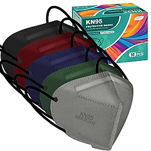 XDX KN95 Face Masks, 50 Pack Individually Wrapped Multicolor Face Masks for Men and Women, 5 Layers Breathable Masks Disposable, Filter Efficiency ≥95% (Medium Size)