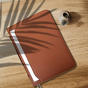 Portfolio Binder Organizer PU Leather Padfolio with 4 Ring Binder & Handle Zipper Padfolio for Documents Resume Tablet Business Cards Notebook Organizer Solar Calculator Included (Brown 4-Ring)