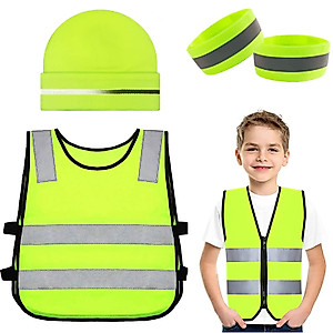4 Pieces Kids Reflective Vest Wrist guards and Hat Child Safety High Visibility Vest Set Child's Construction Vest for Cycling Skiing Running Night Walking Hiking Outdoor Boys Girls