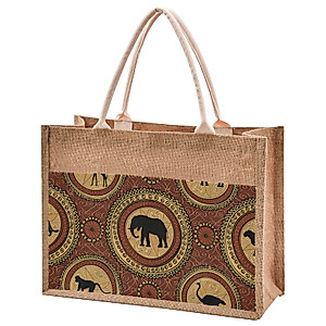 Sinestour African Ethnic Jute Tote Bag Jute Gift Bags with Handle Burlap Tote Bag with Canvas Pocket Beach Tote Bag