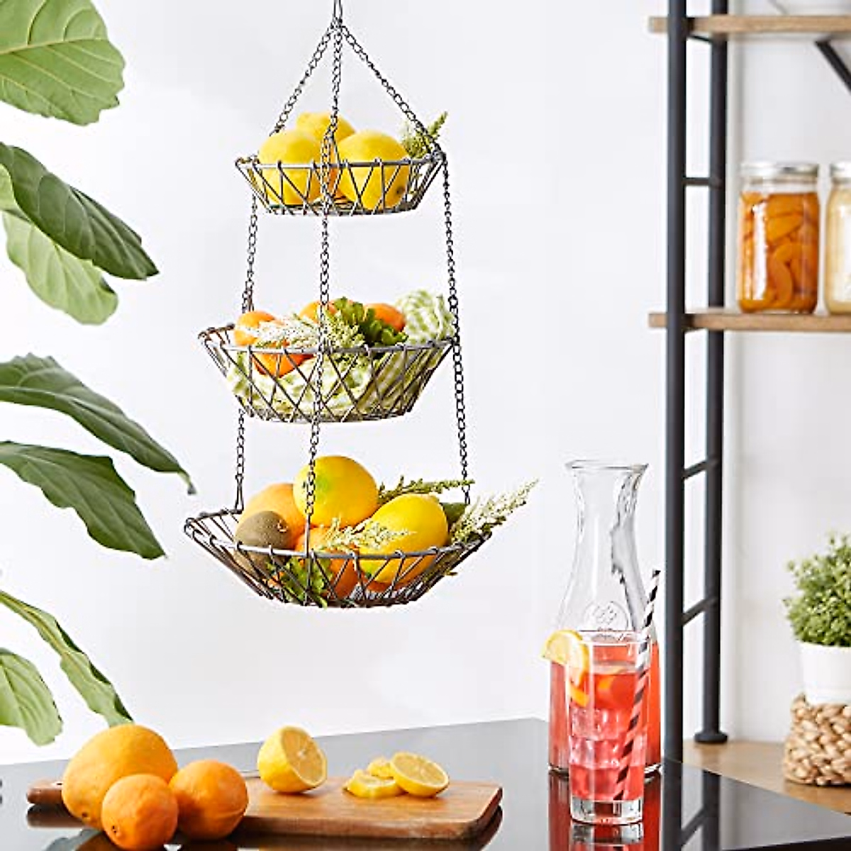 DII Metal Kitchen Storage Collection Farmhouse Stand 3-Tier Hanging Fruit Basket, Satin Nickel
