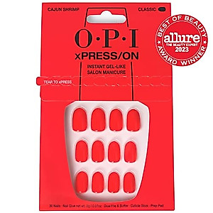 OPI xPRESS/ON Press On Nails, Up to 14 Days of Wear, Gel-Like Salon Manicure, Vegan, Sustainable Packaging, With Nail Glue, Short Red Nails, Cajun Shrimp