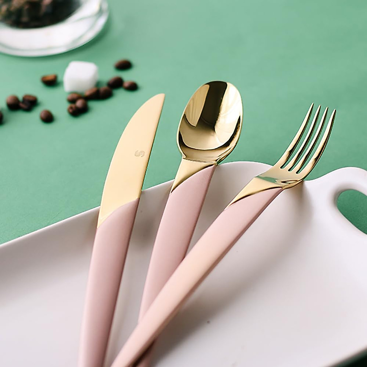 Taiyoko Silverware Set Pink Gold Flatware Unique 24-Piece Stainless Steel Black Cutlery Mirror Polished Kitchen Utensils Tableware Service with Steak Knives Dinner Fork Knife Spoon