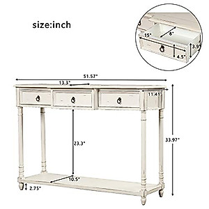 P PURLOVE Console Table Sofa Table with 3 Drawers Luxurious and Exquisite Design for Entryway with Projecting Drawers and Long Shelf (Antique White)