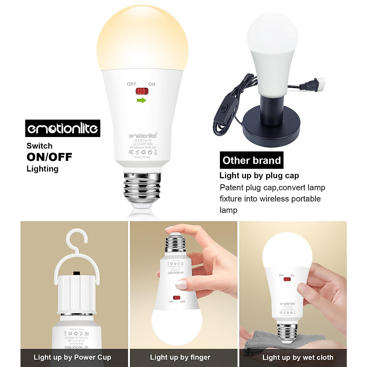 Emotionlite Rechargeable Emergency Light Bulb, 1800mAh Battery Backup for Home Power Failure, Outage Emergency Reading Lighting Camping Hurricane, 3 Brightness Dimmable, Warm White, E26 Base, 1 Pack