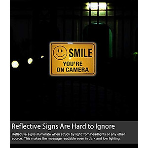 (4 Pack) Faittoo Smile You're On Camera Sign, 10x7 Reflective Rust Free .40 Aluminum, UV Protected, Weather Resistant, Durable Ink, Indoor & Outdoor Use for Home Business CCTV Security Camera