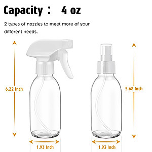 Tecohouse Glass Spray Bottles 4 OZ, Empty Small Spray Bottles 2 Pack for Essential Oils, Cleaning Solutions, Plants, Hair Mister, withDurable Nozzle, Labels, Funnel, Pipettes Clear