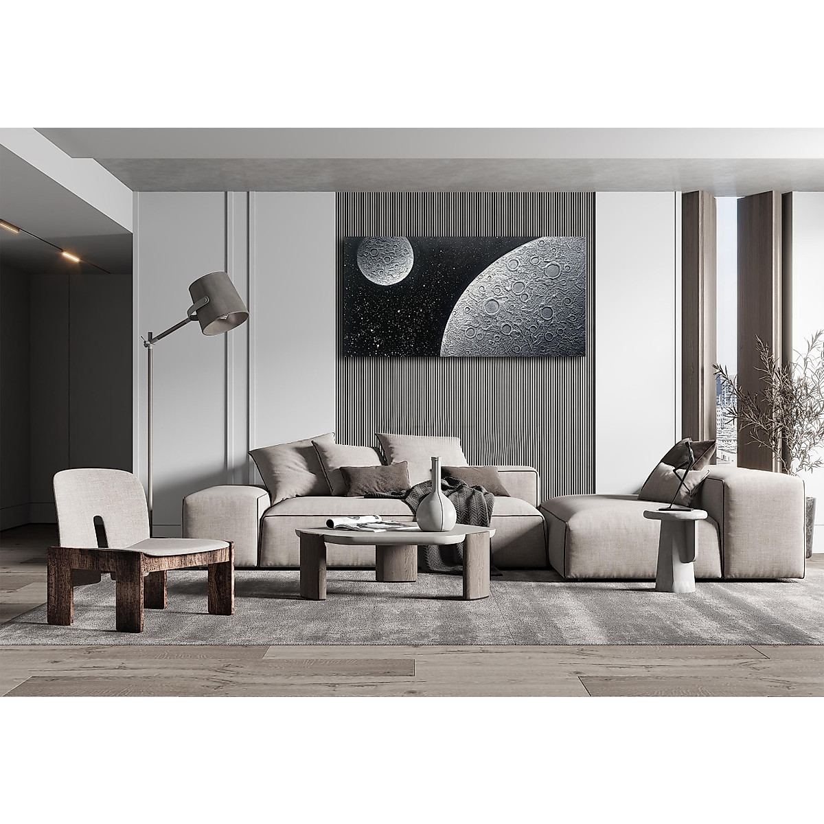 Landswaydecor Black and Grey Wall Art Moon Surface Canvas Oil Painting Home Decor Hand Painted Modern Textured 3D Artwork for Bedroom Living Room