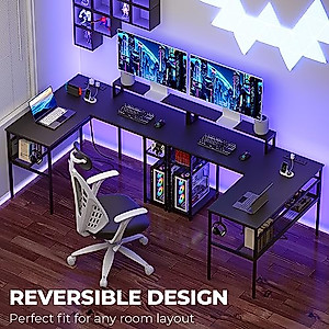 SOROGRA L Shaped Gaming Desk with Power Outlet and Storage Shelves, 50.4 inch Home Office Reversible Computer Desk with Monitor Stand, Corner Desk Writing Table with 2 Hooks, Black