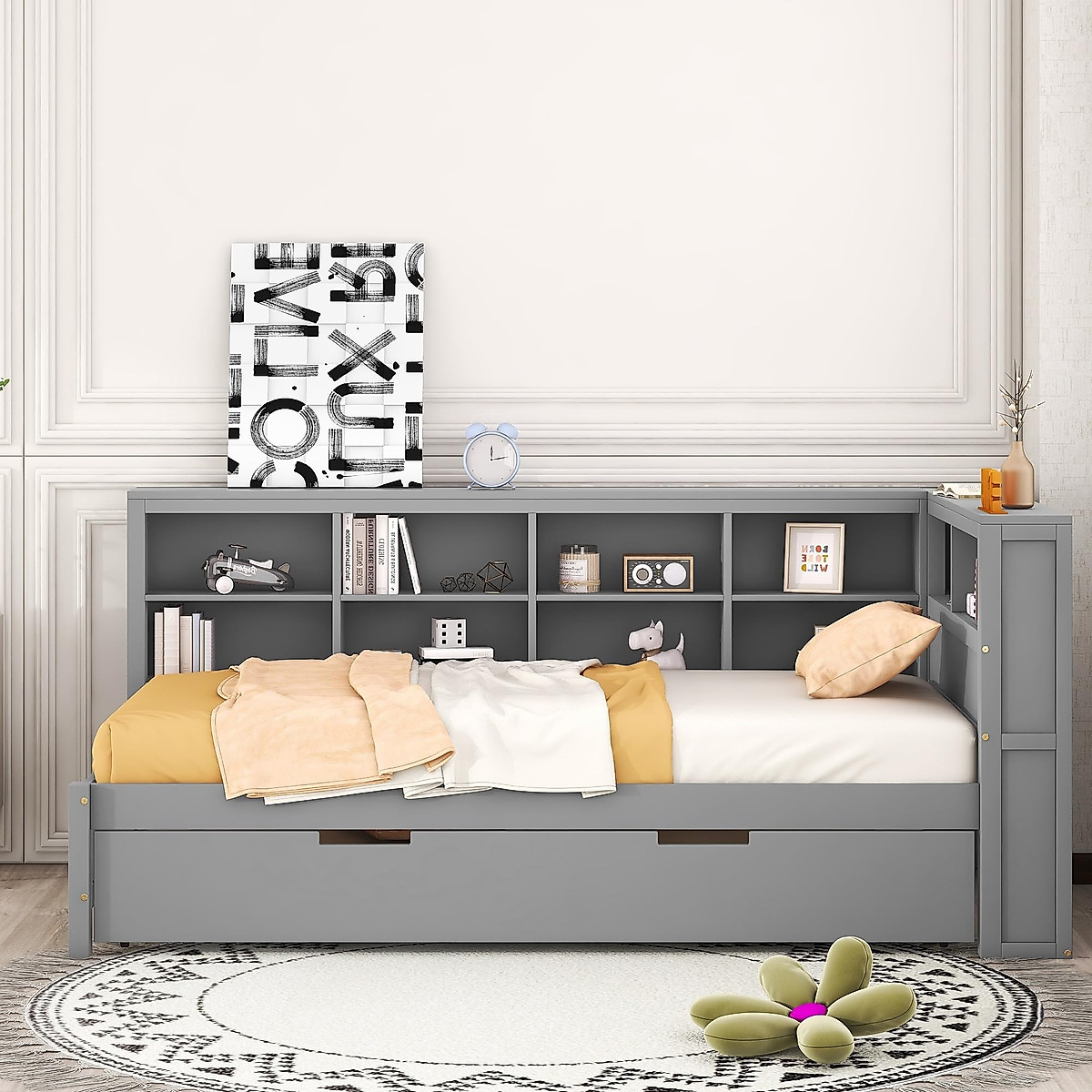 Twin Daybed with Trundle and Bookcase Headboard, Wood Platform Bed Frame with Charging Station and Storage Shelves, USB Port and Outlet Plug, No Box Spring Needed, Gray