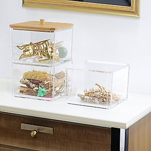 Clear Bathroom Dresser Organizer 3 Compartment with 1 Lid, Transparent Hair Accessories Organizer, Cotton Ball and Swab Holder, Small Plastic Storage Containers Vanity Makeup Organization (Wood Lid)