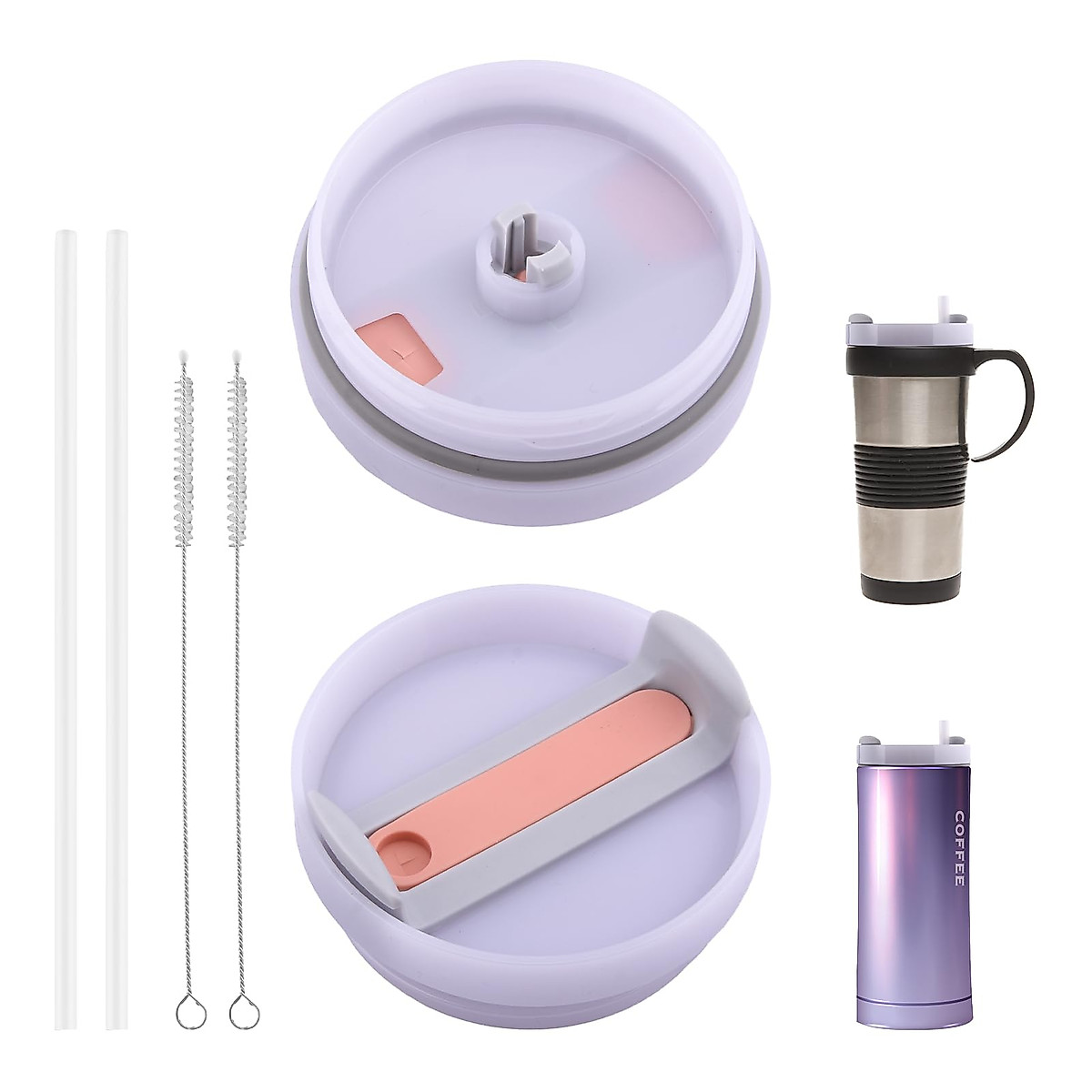 2 Pack Tumbler Lids for Stanley Cup, 40oz Tumbler Cover Spill Proof, Replacement Lid for Stanley Cup Accessory, with 2 Replacement Straws and 2 Straw Cleaning Brushes