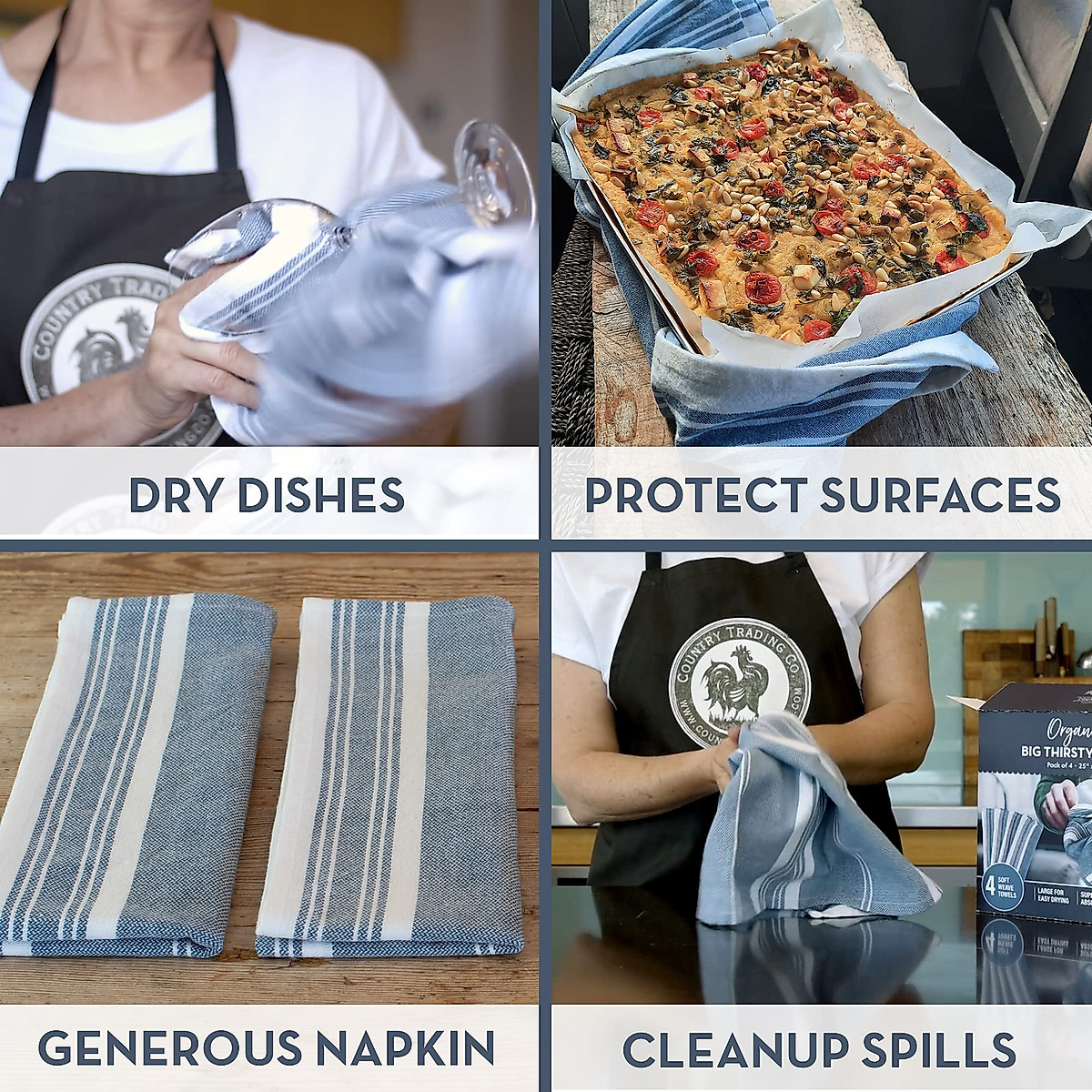 Country Trading Co. Big Thirsty Dish Towels - Organic Cotton Super Absorbent Kitchen Towels, Set of 4 – Soft Weave Machine Washable Tea Towels - 25” x 19” (Blue)