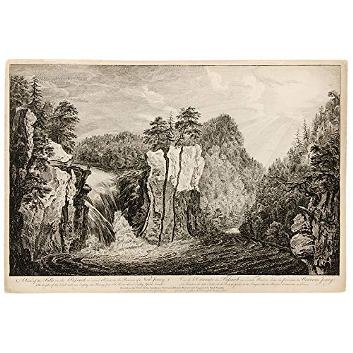 A View of the Falls on the Passaick, or second River, on the Province of New Jersey, The height of the Fall between Eighty and Ninety feet, the River about Eighty Yards broad. Vue de la Cataracte du Passaick, ou second Riviere, dans la province du Nouveau