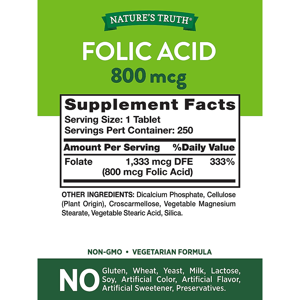 Nature's Truth Folic Acid | 800 mcg | 250 Tablets | Vegetarian, Non-GMO & Gluten Free Supplement