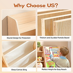 infurnic 3 Tier Kids Wooden Bookshelf Baby Toddler Bookshelf and Toy Storage Organizer with Three Layer Sling Bookcase for Kids Room Playroom Nursery Classroom