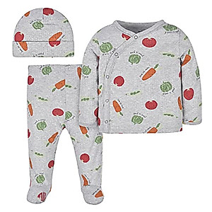 Gerber Baby Newborn Hospital Pointelle Outfit Shirt, Footed Pant and Cap, Vegetables Grey, Newborn
