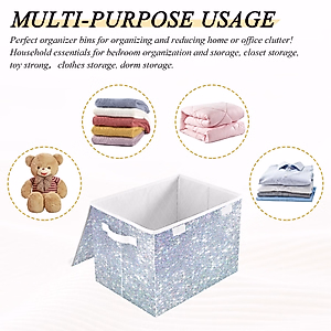 Ollabaky Sparkling Glitter Larger Collapsible Storage Bin Fabric Decorative Storage Box Cube Organizer Container Baskets with Lid Handles for Closet Organization, Shelves