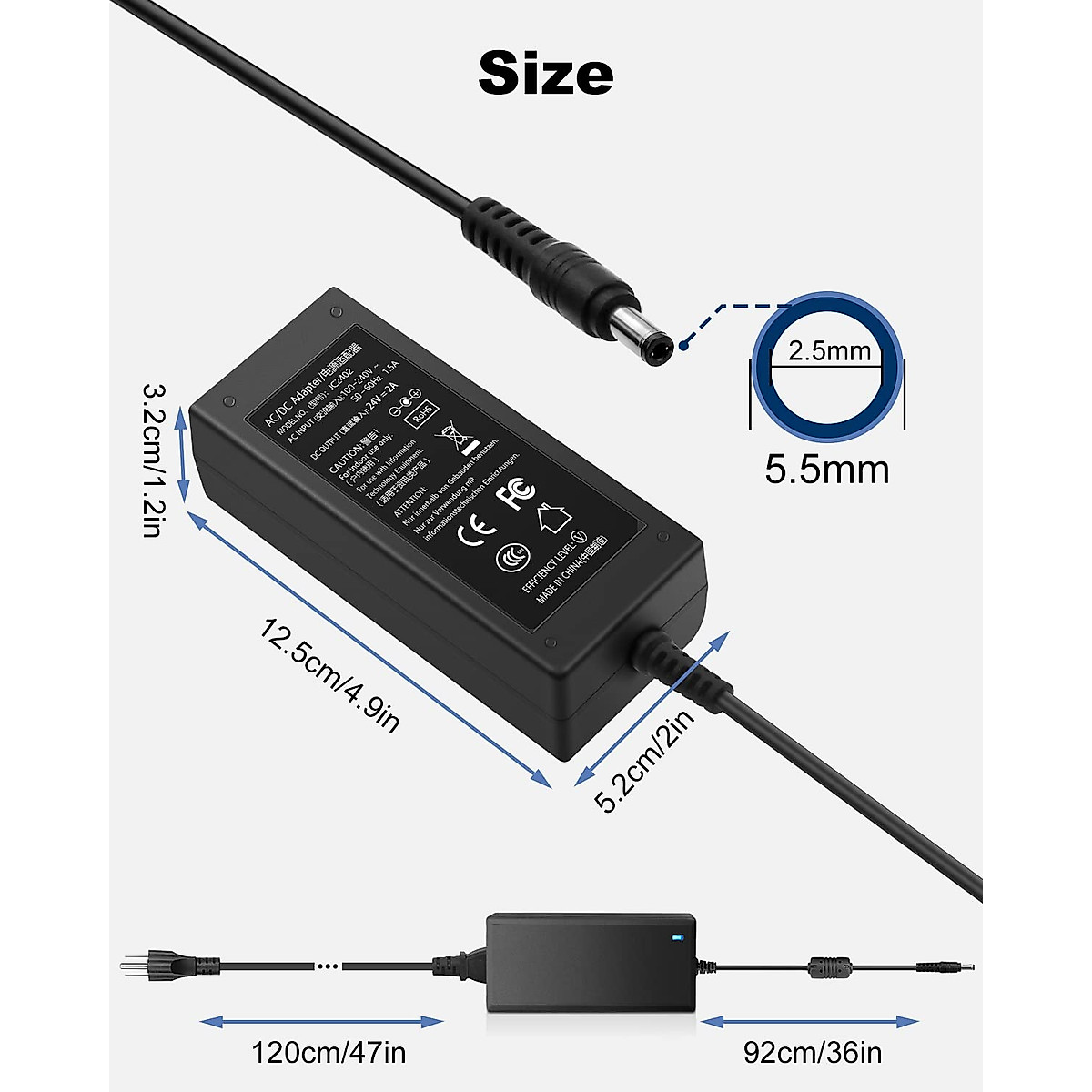 24V 2A DC Power Supply Adapter 24 Volt AC Adapter 100-240V 50-60Hz AC to DC 24V 2A Power Adapter Cord, 24V DC Power Supply 2A Adapter with 5.5mm x 2.5mm DC Outlet Plug & 1 Tip