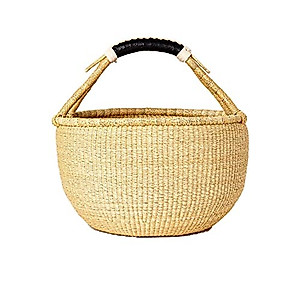 Fair Trade Ghana Bolga African Dye-Free Market Basket Natural Baskets (14"-16" Large: Black Handle)
