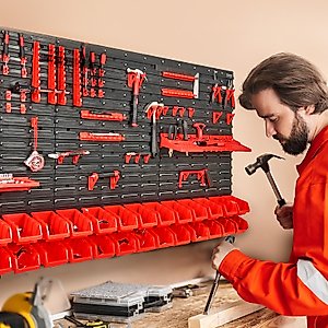 VEVOR Wall Mounted Storage Rack System, 30-Bin Parts Rack Organizer with Wall Panels/Tool Holders/Hooks, Garage Plastic Shop Tool Organizer for Nuts, Bolts, Screws, Nails, Beads, Buttons