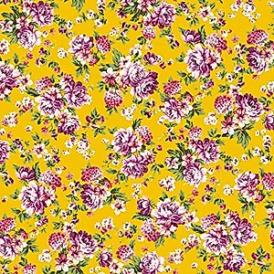 Texco Inc Printed Wool Dobby Watercolor Flowers Pattern/100% Polyester No Stretch Woven Decoration Apparel Home/DIY Fabric, Gold Pink 1 Yard