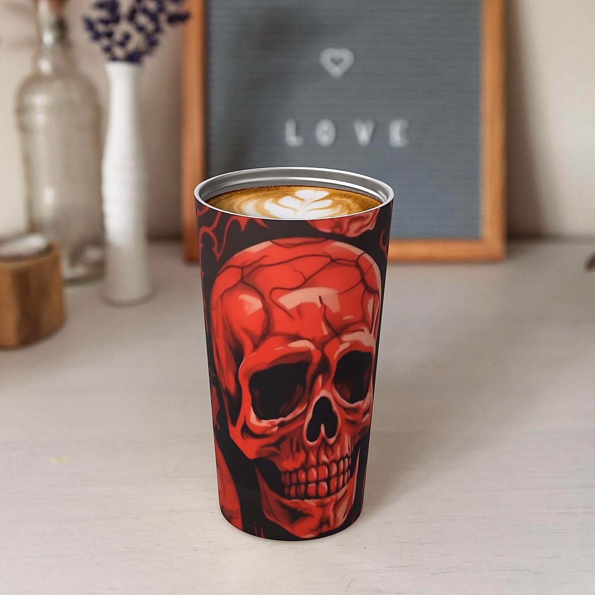 Insulated Coffee Mug Red Skulls 17oz Double Wall Vacuum Stainless Steel Tumbler With Leak-Proof Lid And Handle, Cute Travel Thermos Mug For Cold Hot Drinks