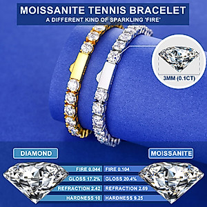 TUHE Moissanite Tennis Bracelet 4.8-21 Carats Lab Created Diamond Bracelets 18k White/Yellow Gold Plated 925 Sterling Silver Bracelet 3mm/4mm/5mm D Color VVS1 Round Cut Moissanite Bracelet for Women