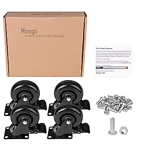 Moogiitools 4" Swivel Rubber Caster Wheels with Safety Dual Locking Heavy Duty 1800lbs Casters Set of 4 Black (All with Brake)
