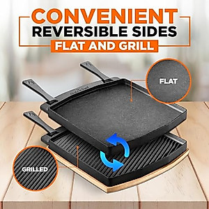 NutriChef Cast Iron Reversible Grill Plate - Griddle Skillet Flat Grill Pan For Stove Top - Gas Range Grilling Pan w/ 2 Holder For Electric Stovetop, Ceramic, Induction - Includes Wood base