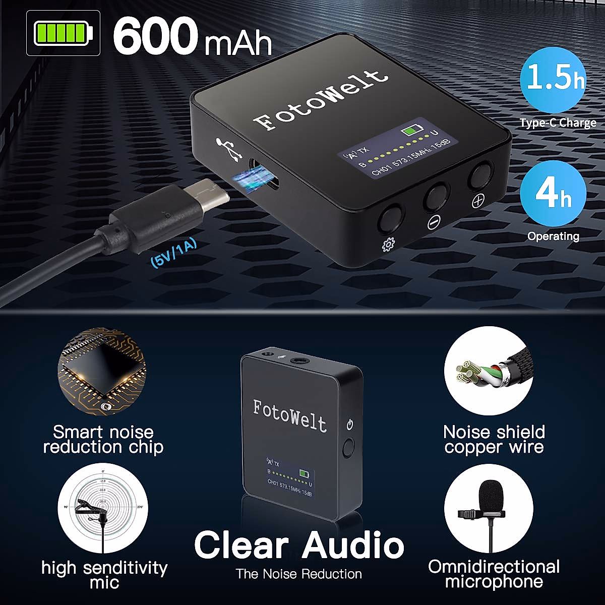 Wireless Lavalier Microphone, Lapel Microphone for DSLR Camera with OLED Display, Realtime Monitoring, Wireless Lav Mic for Podcast Interview Vlogging Youtube Video Recording