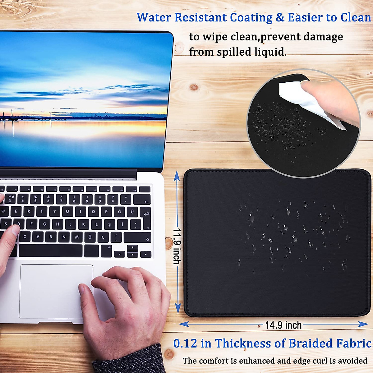 Mouse Pad, Large Gaming Mouse Pad with Double Stitched Edges, 14.9 x 11.7 inches Premium-Textured & Waterproof Mousepad, Nonslip Natural Rubber Base Mouse pad for Laptop,Computer, Office, Home, Black